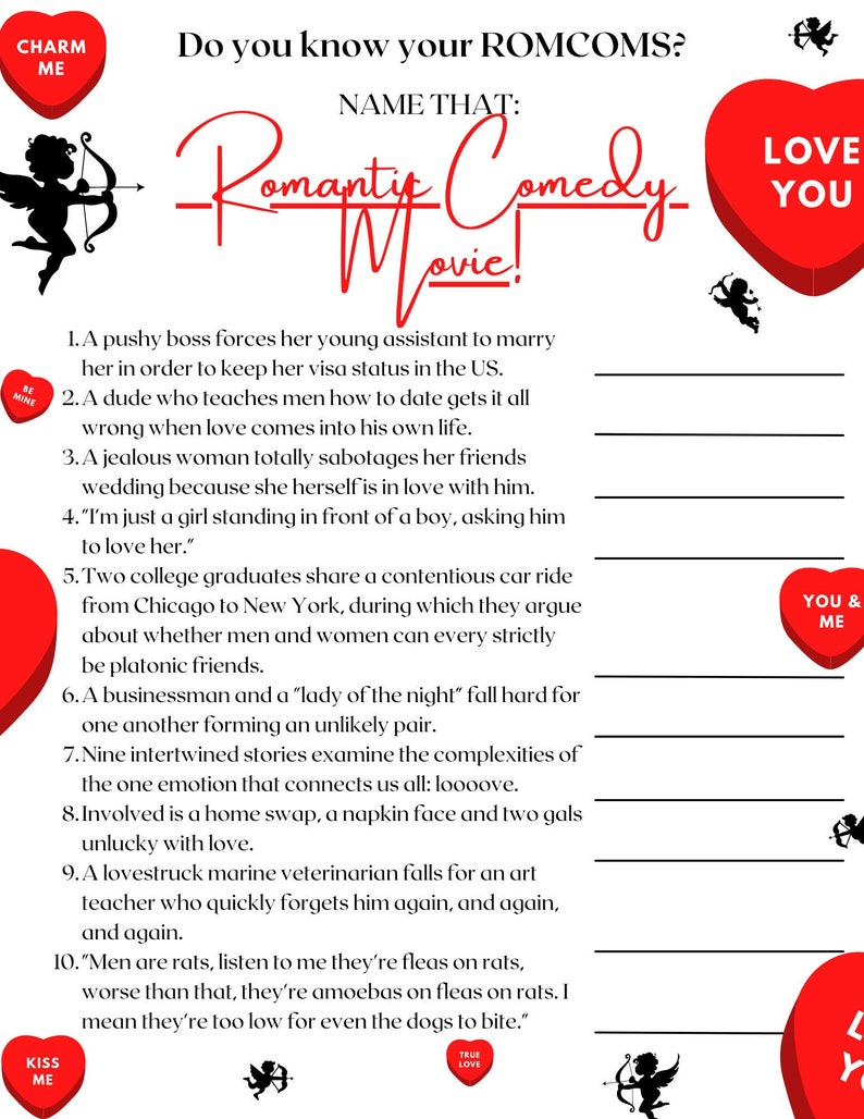 Valentines Day Games Printable Party Game Romantic Comedy Game