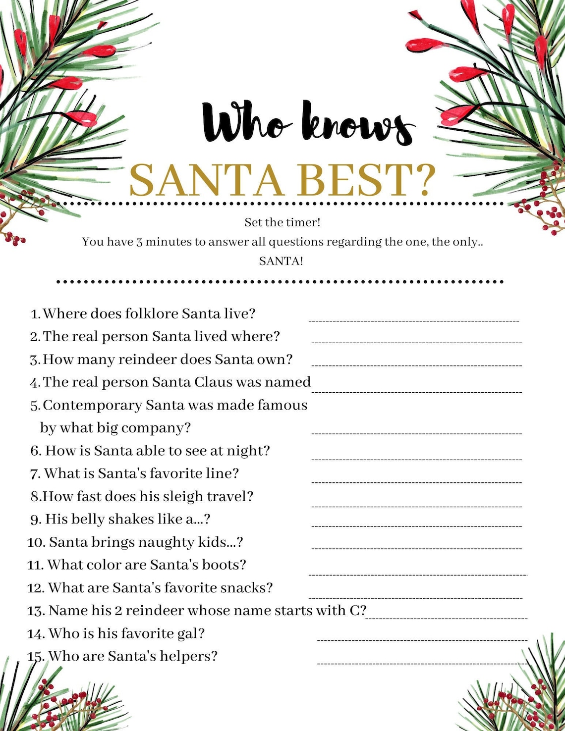 Christmas Party Trivia Printable Game Family Fun Christmas | Etsy