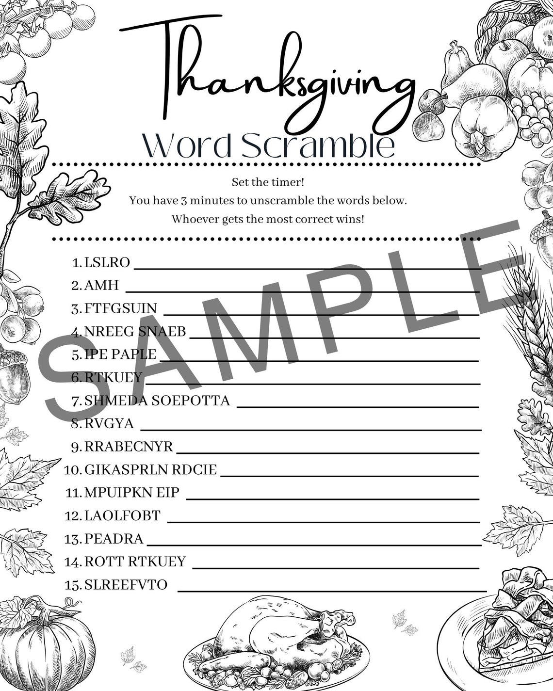 Thanksgiving Game Printable, Activity for Thanksgiving Dinner, Office ...