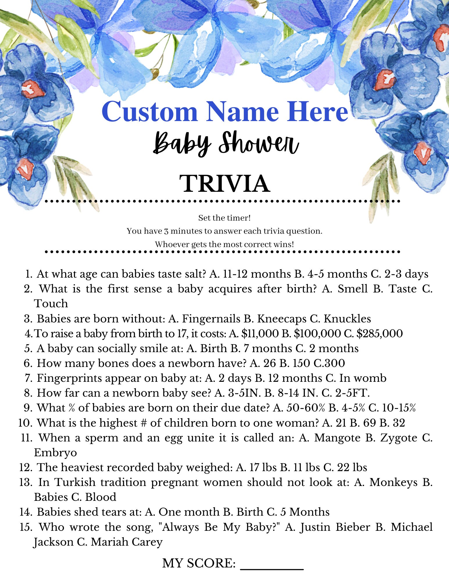 Printable Fillable Baby Shower Trivia Game, Custom Name Baby Shower ...