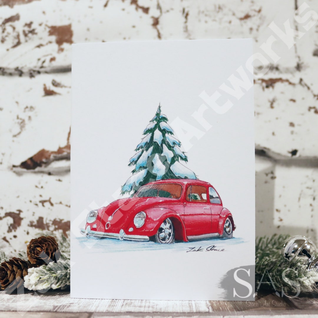 Volkswagen Beetle Christmas Card Festive Car Cards Hand Drawn ...