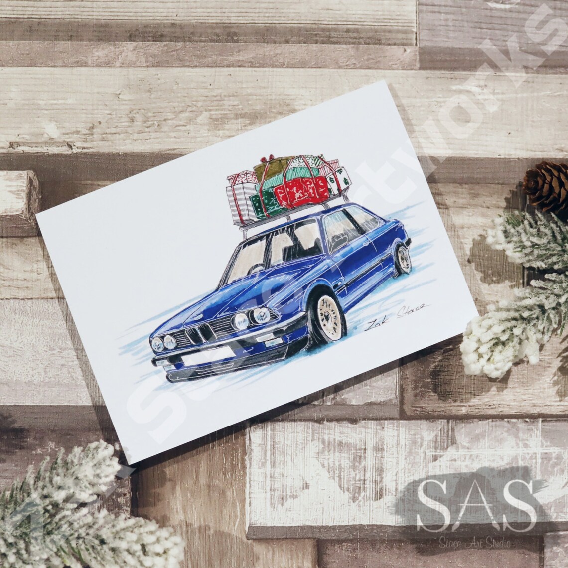BMW E30 Christmas Card Festive Car Cards Hand Drawn Illustration ...