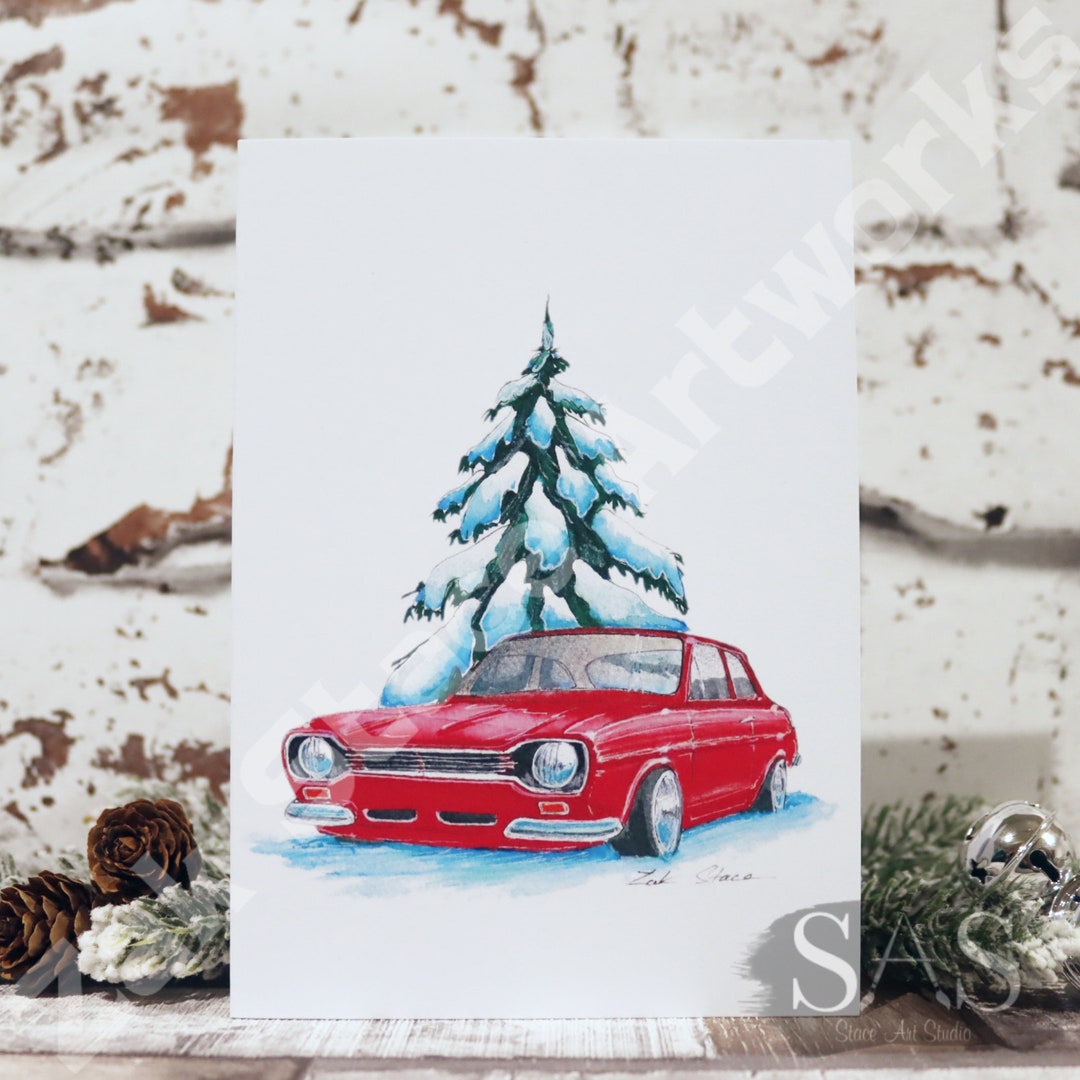 Ford Escort Mk1 Christmas Card Festive Car Cards Hand Drawn ...