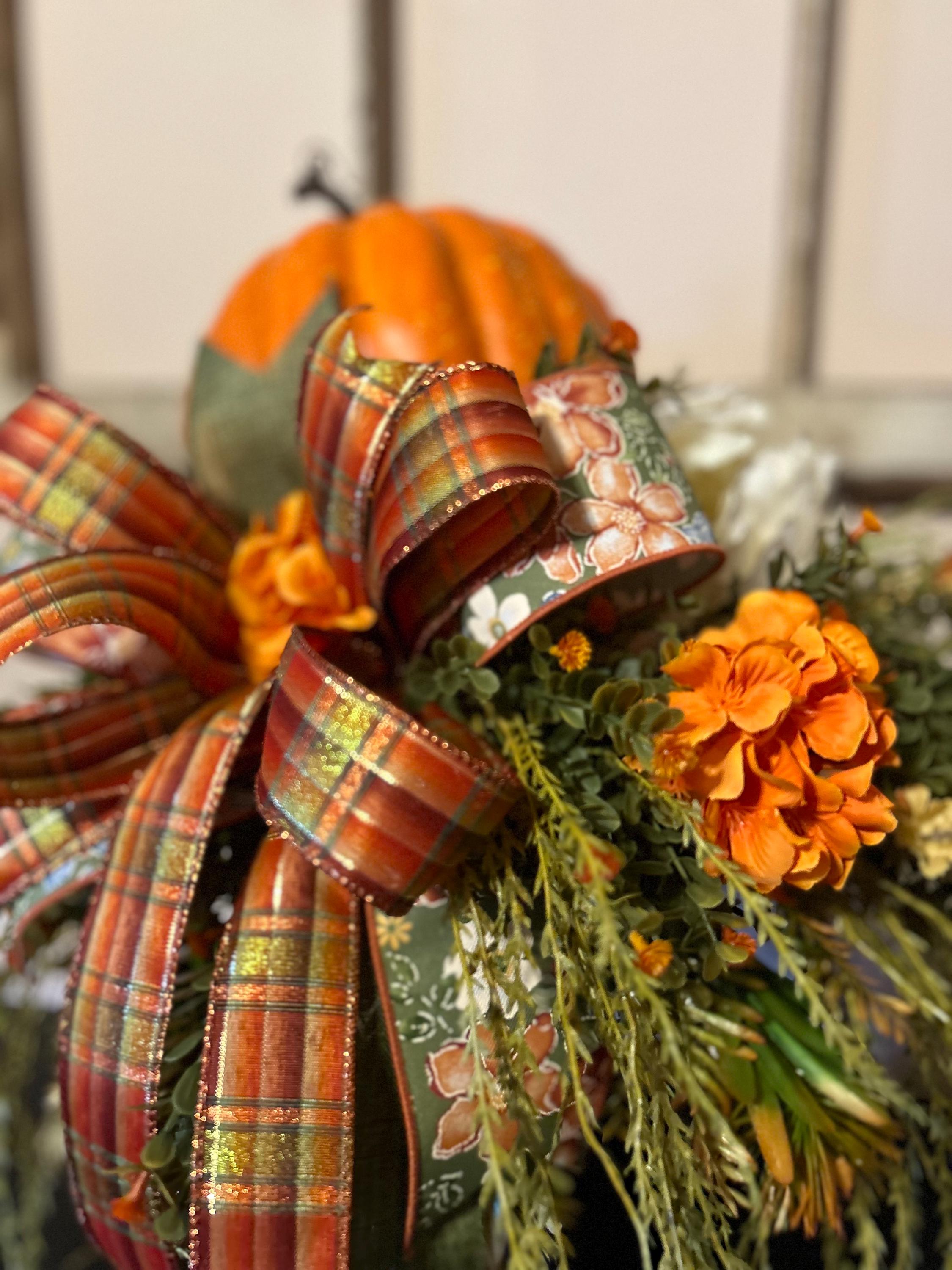 Fall Pumpkin Centerpiece With Plaid Bow – Autumn Harvest Decor - Etsy