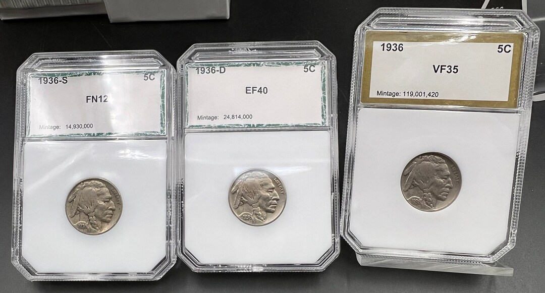 3 Coin Set 1936 P D S 5c Buffalo Nickel Coin PCI Retro Slab Certified ...