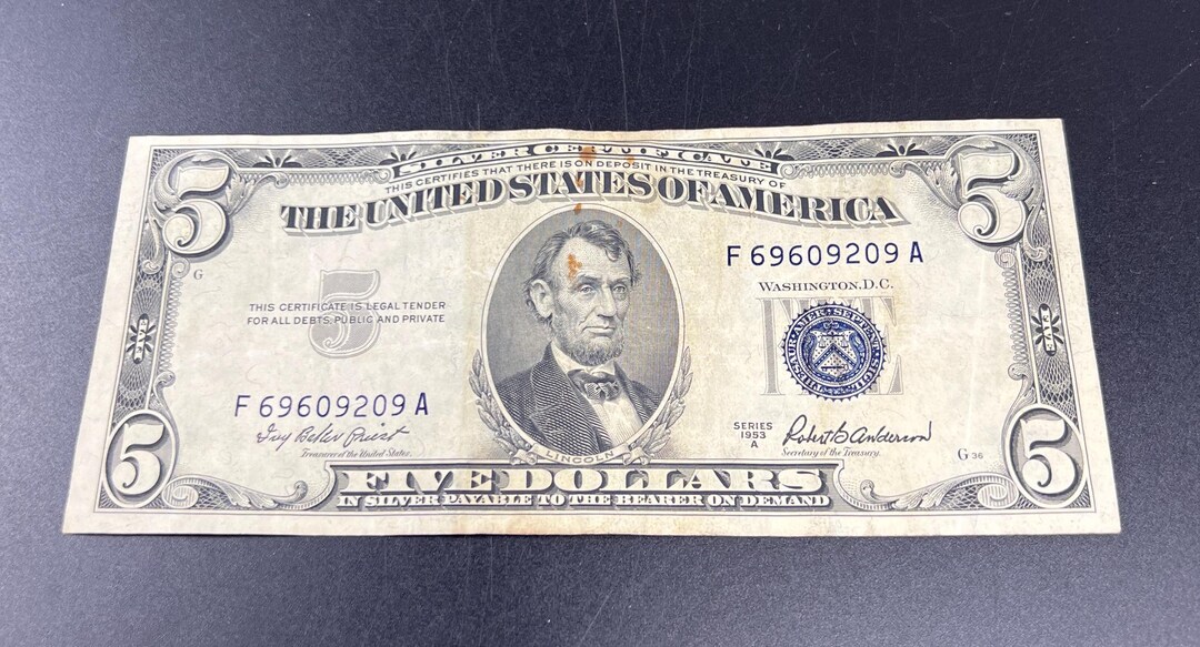 1953 A 5 Five Dollar Blue Seal Silver Certificate Note Fine Details Stained Rust Circulated - Etsy