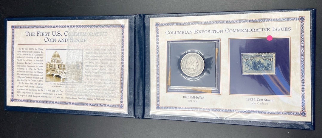 1892 Columbian Commemorative Silver Half Dollar Coin VF & 1892 Stamp 1c ...