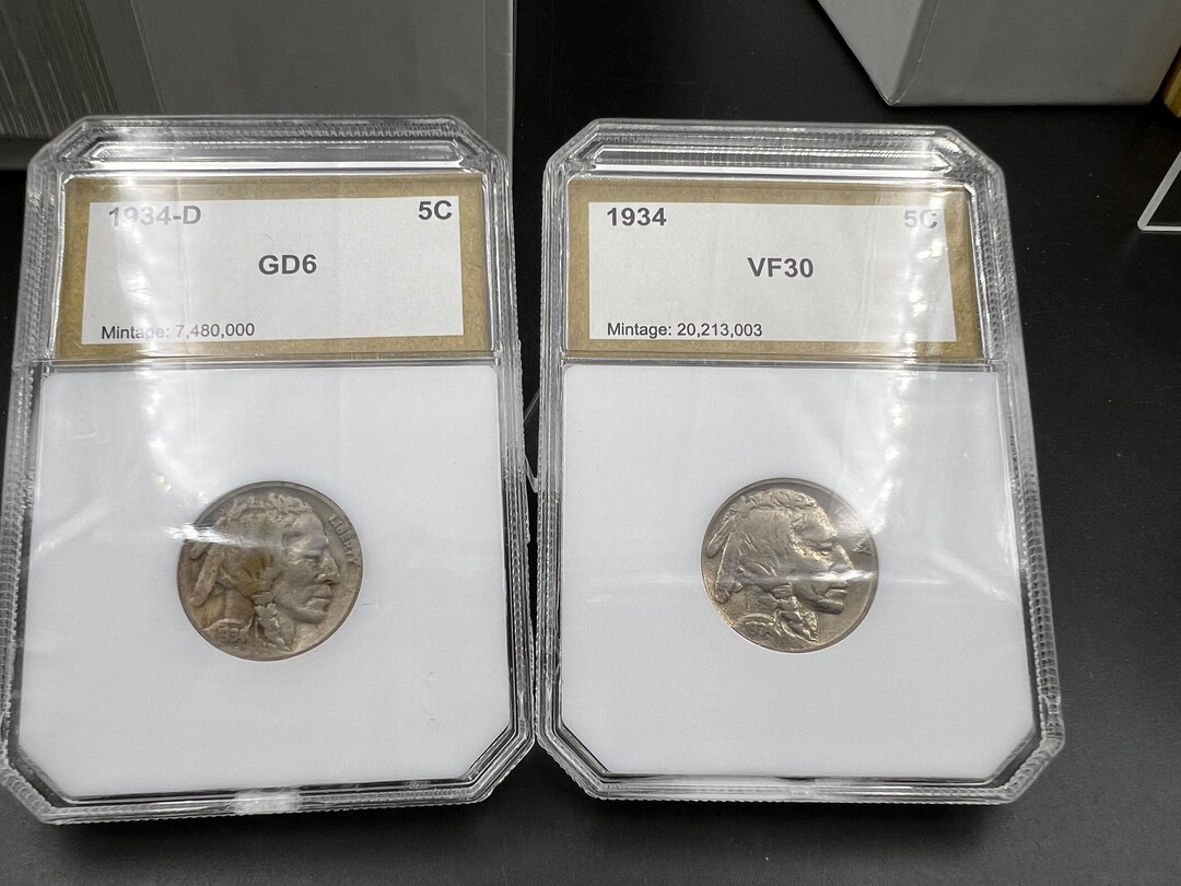 2 Coin Year Set 1934 P and D Buffalo 5c Nickels in PCI Slabs Good and ...