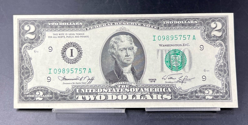 1976 2 Two Dollar Bill Bicentennial FRN Federal Reserve NOTE Green Seal ...