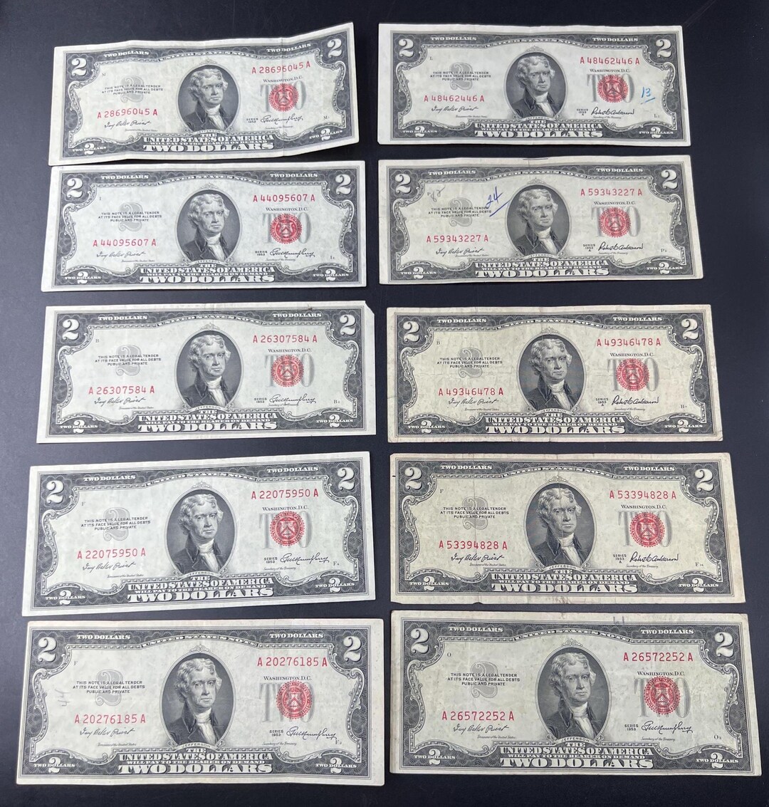 Lot of 10 1953 Two Dollar Legal Tender Red Seal Note Bills US Currency ...