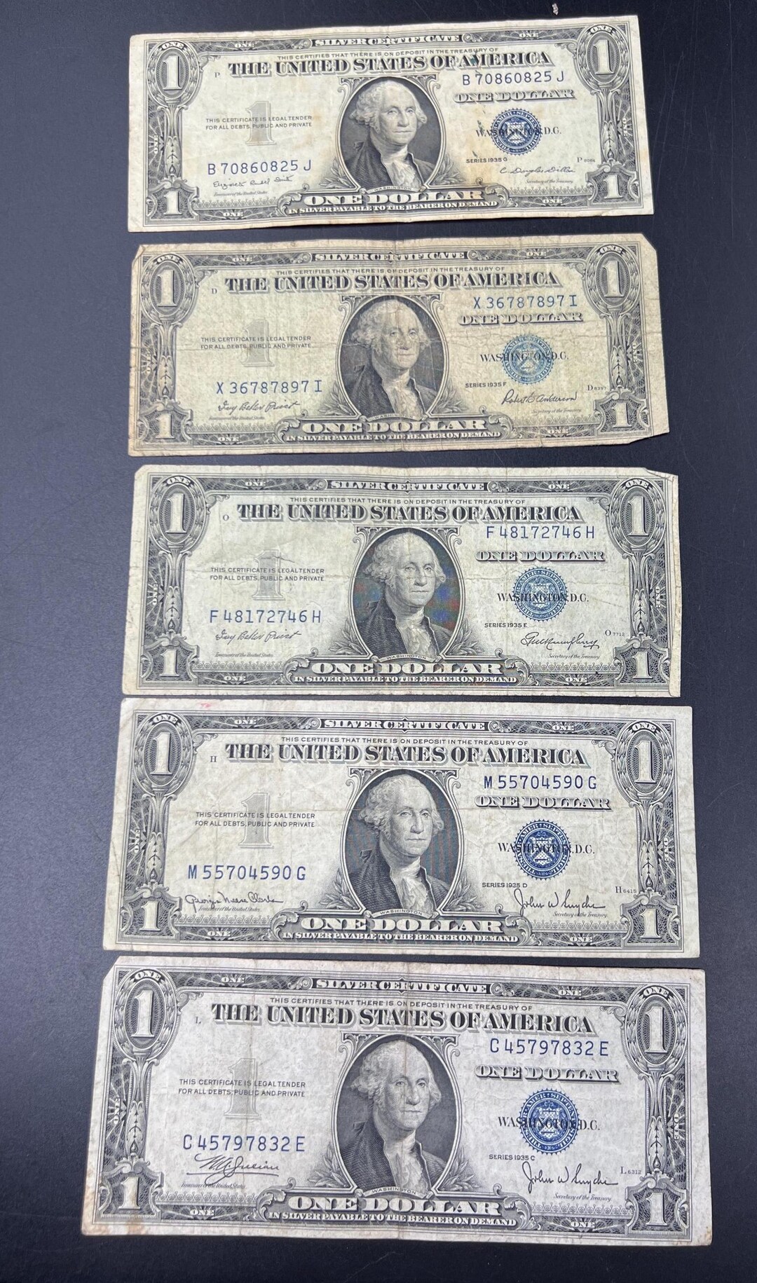 5 Note 1935 C D E F G Letter Set One Dollar US Silver Certificate Bills ...