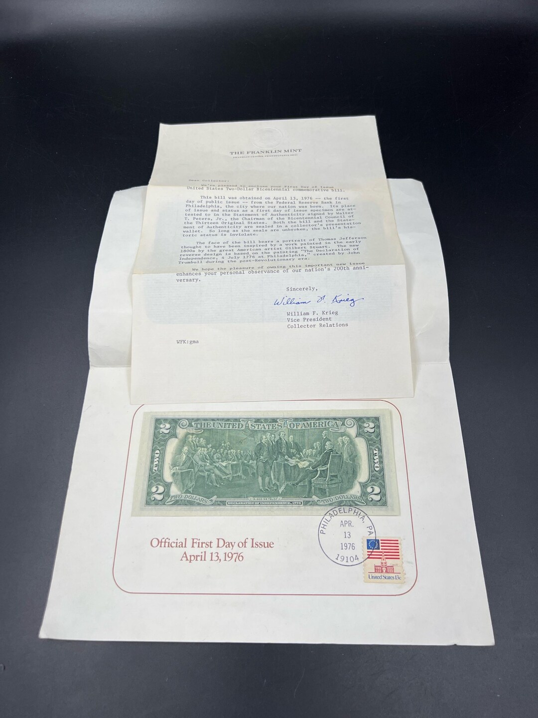 1976 Two Dollar Bill Glued to FDOI First Day of Issue Postal Paper ...