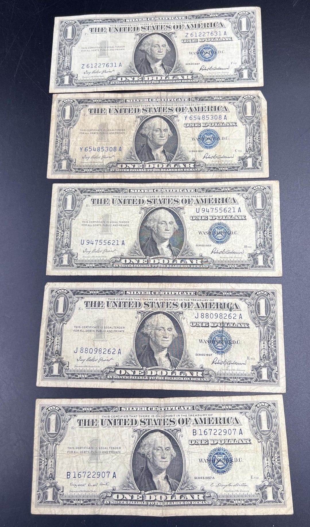 Lot of 5 1957 One Dollar Blue Seal Silver Certificate Note Bills AVG ...