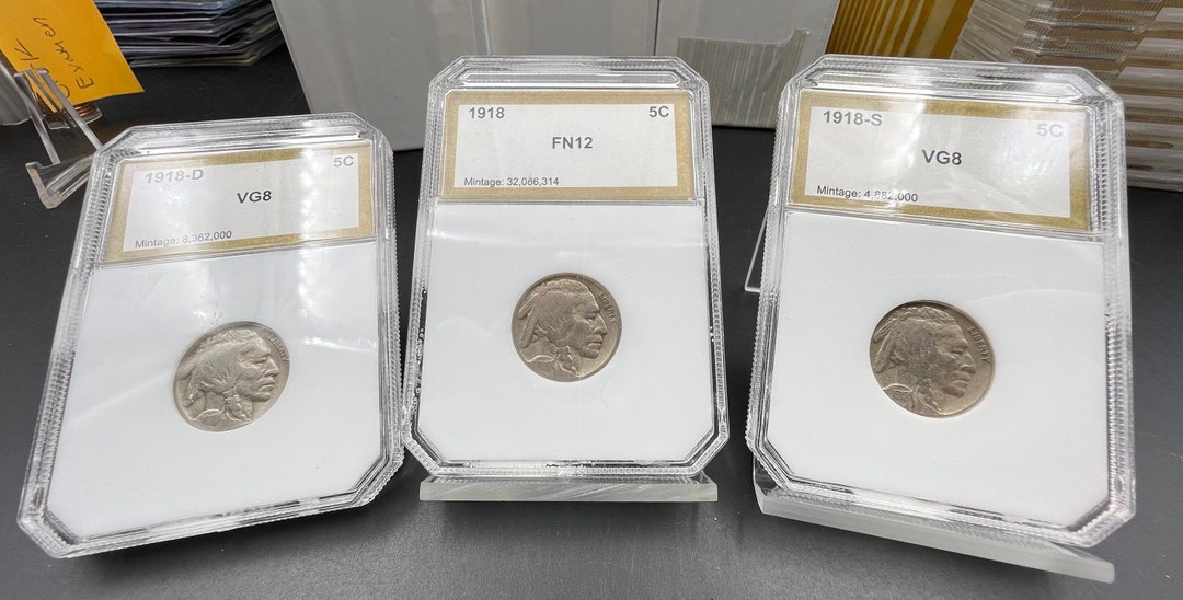 3 Coin Year Set 1918 P D & S Buffalo 5c Nickels in PCI Slabs VG Very ...