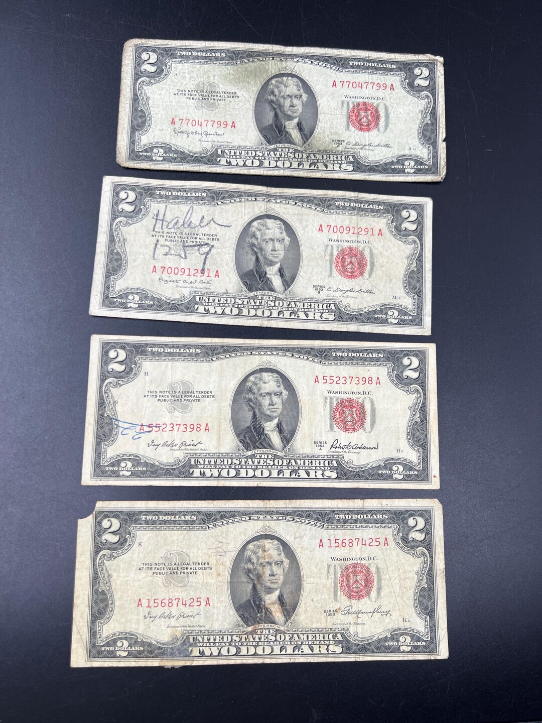 4 NOTE SET 1953 + A B & C 2 Two Dollars Red Seal Legal Tender Currency ...