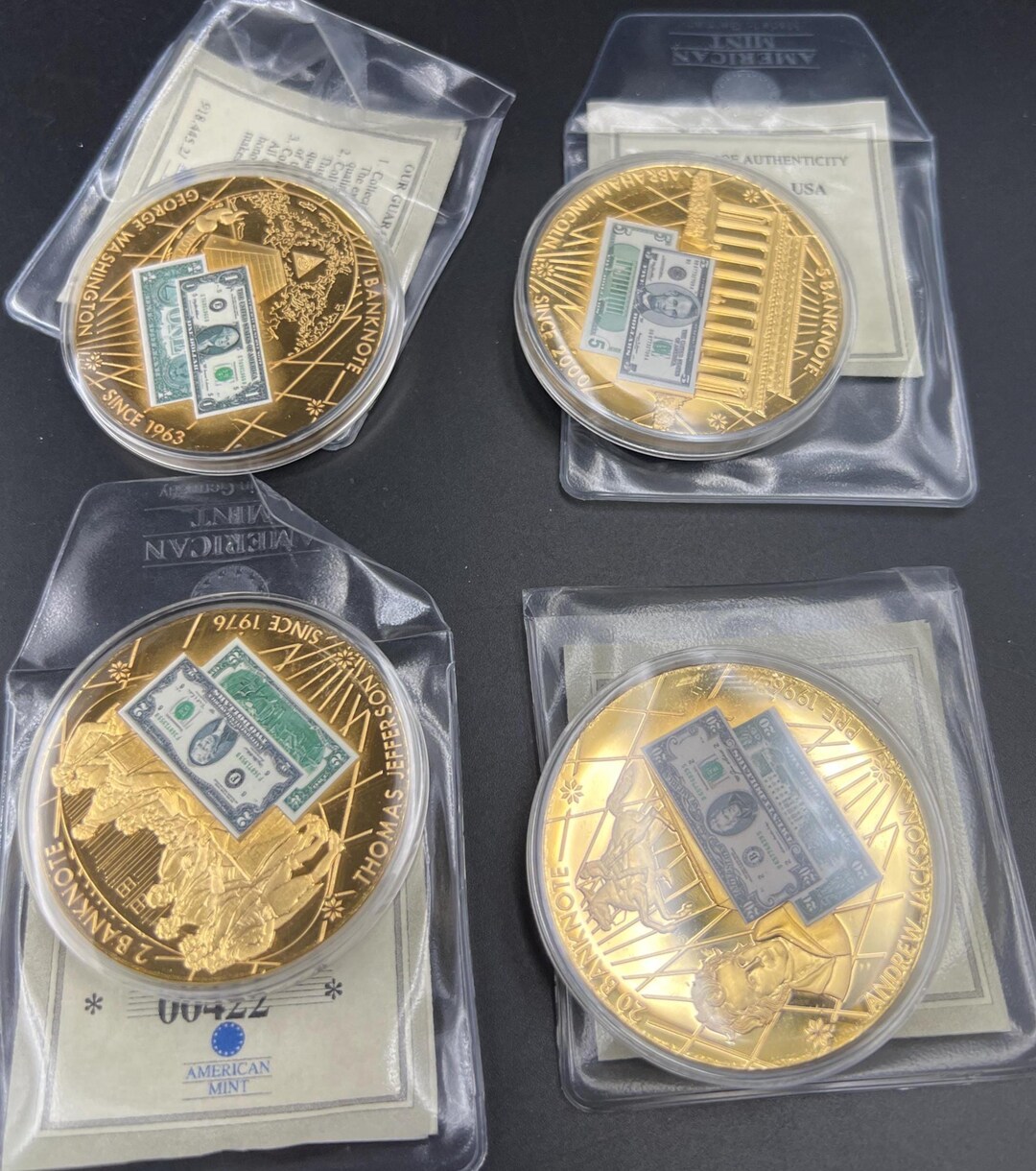 Lot / Set of 4 Medallions FRN US Banknotes Tribute Medals Uncirculated ...