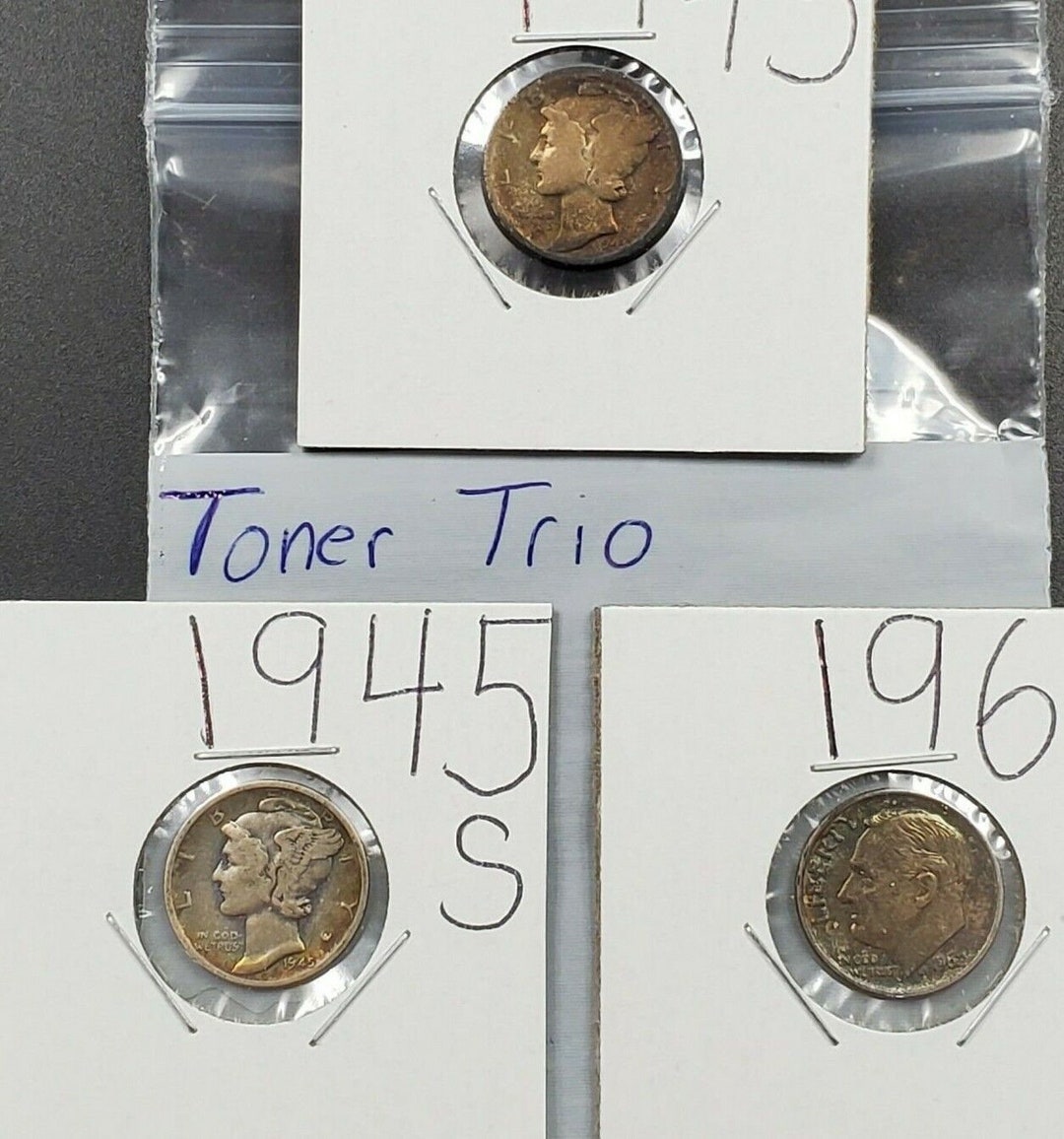Toner Trio PQ Rainbow Toned Circ 1945 S Dime + Two Other Nice Toned ...
