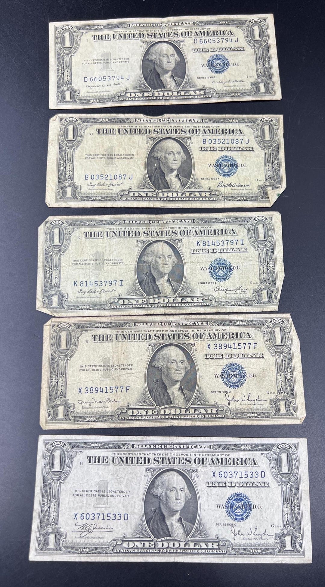 5 Note 1935 C D E F G 1 One Dollar Blue Note Silver Certificate Set Lot ...