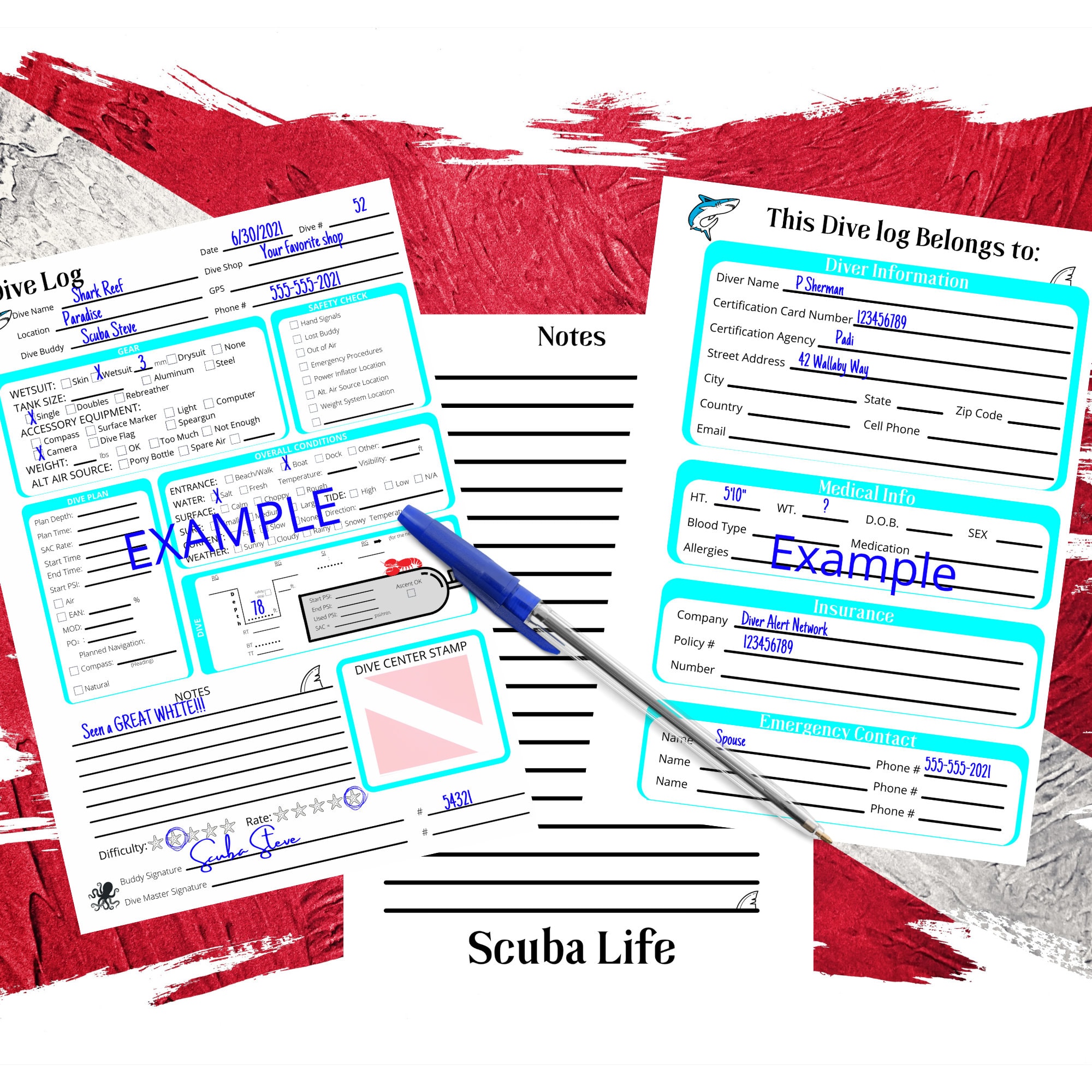 Blue Scuba Diving Log Book Sheets Diver Information & Note - Etsy