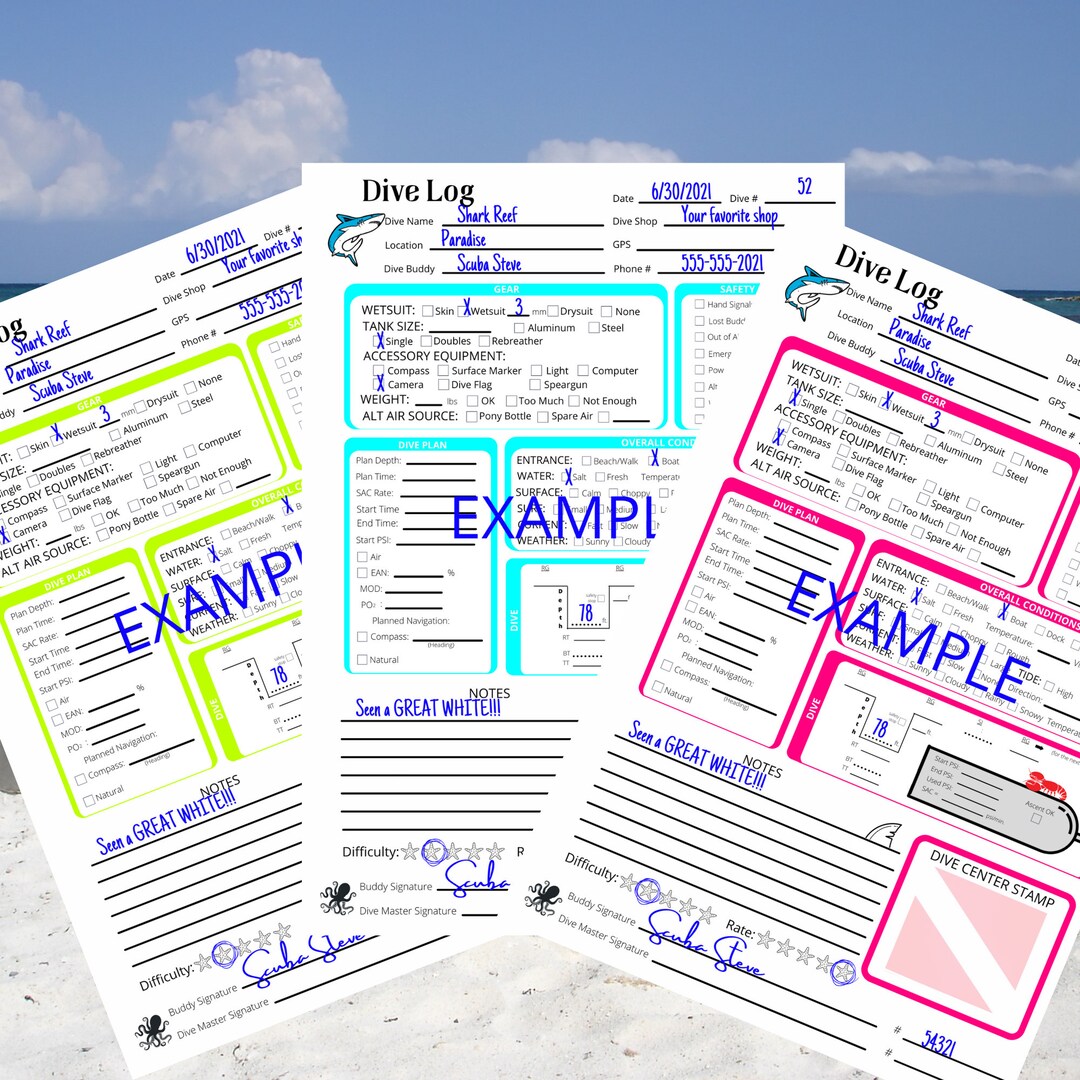 Color Bundle Scuba Diving Log Book Sheets, Diver Information & Note ...