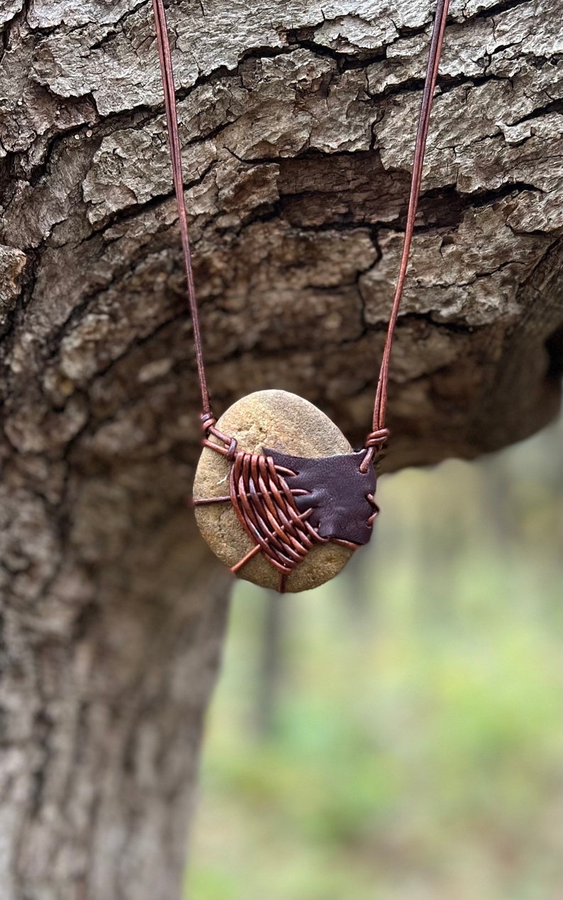 Leather Wrapped River Stone Pendant - Etsy
