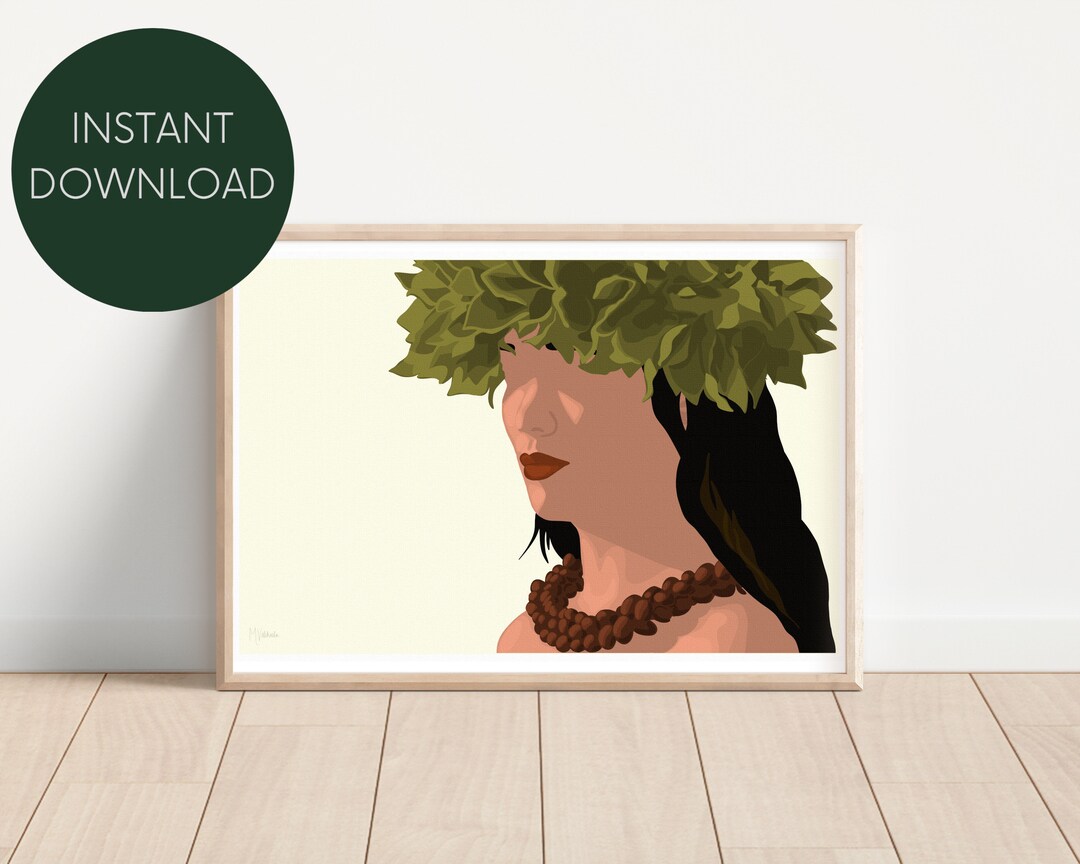 Island Girl W/ Light Yellow Background Digital Print, Neutral Drawing ...