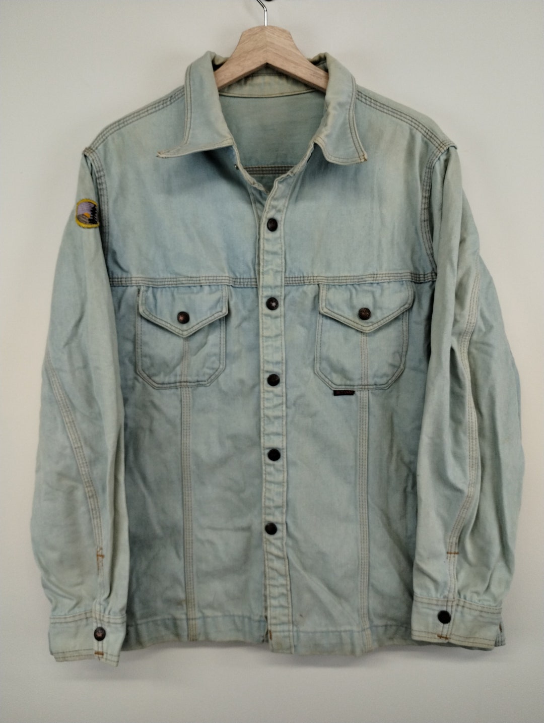 XL 70’s Red Snap Denim Chambray Patched Work Jean Jacket Shacket 1990s ...