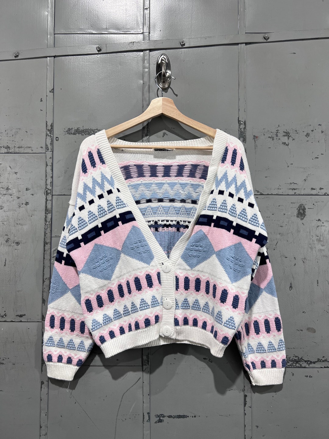 80s Grandma Cardigan Sweater Cream Color Patterned Pink Blue Pastel ...