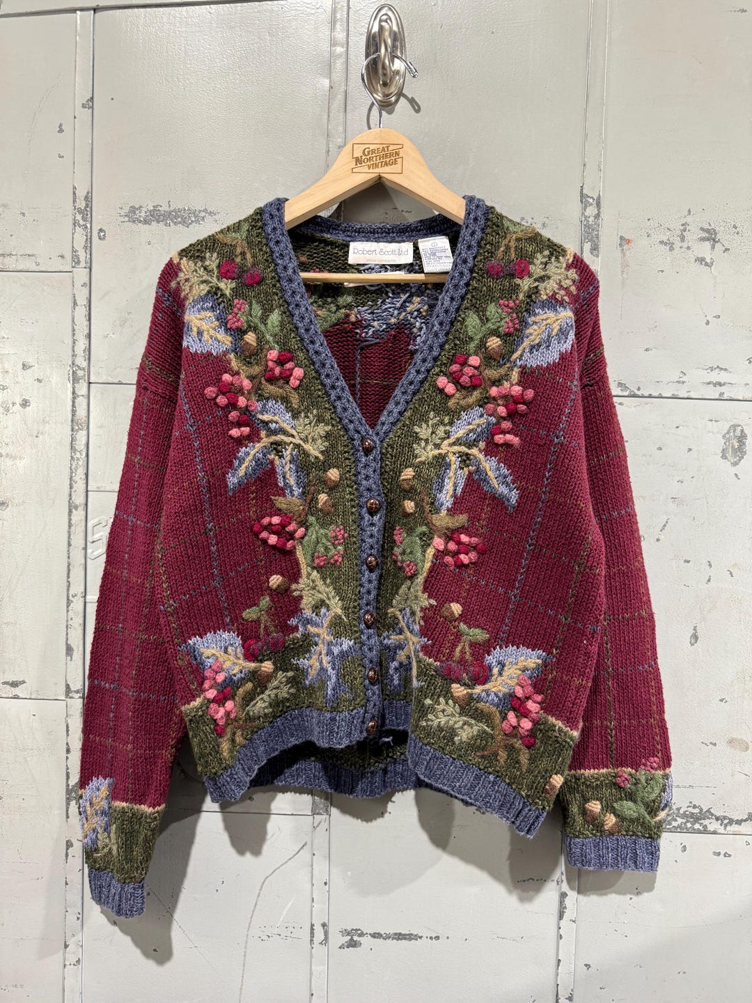 Vintage Hand Knit Sweater Floral Design 3D Knit Cottage Core Cardigan ...