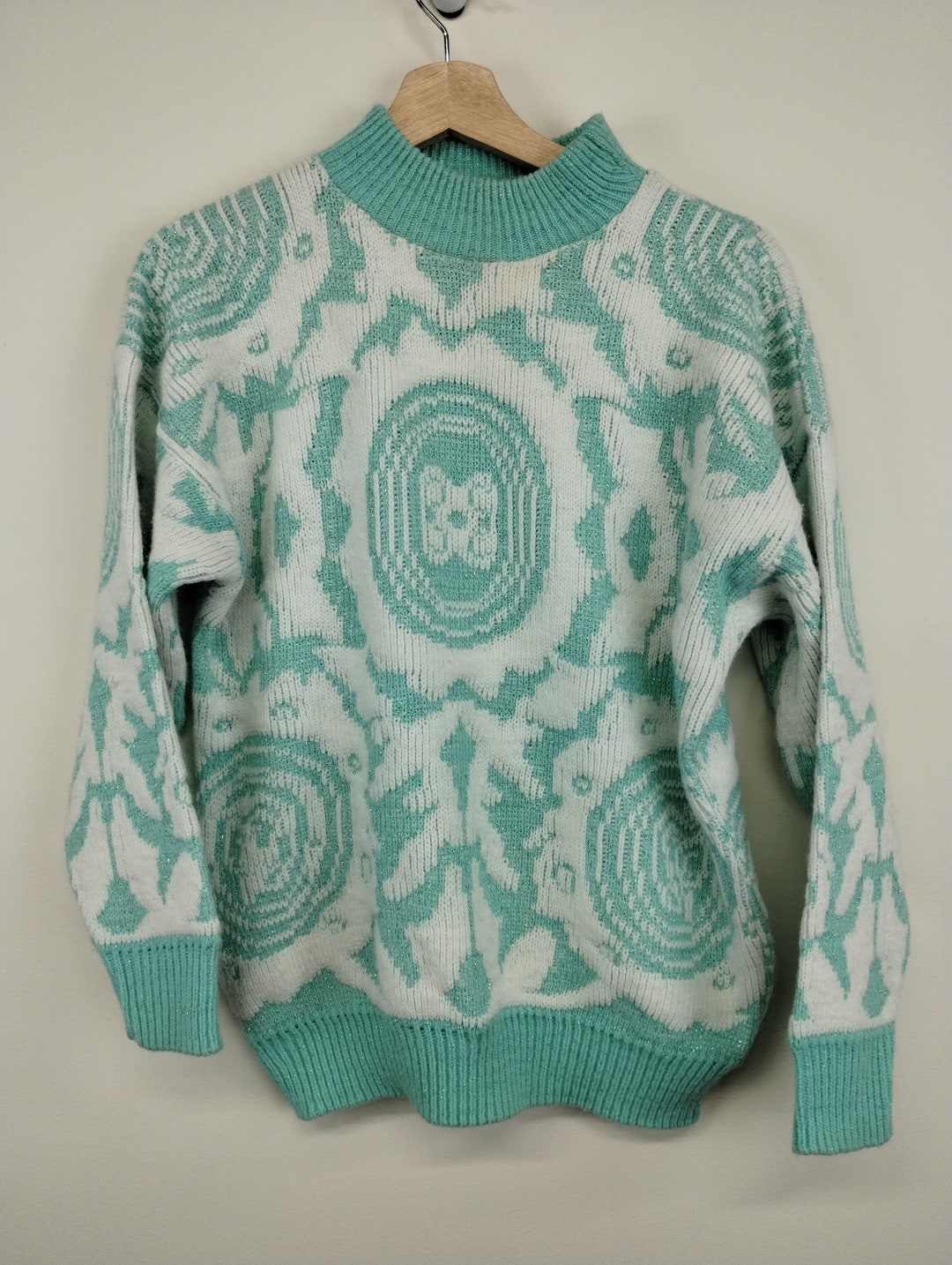M 90s Cheryl Sparkle Pastel Teal Abstract Ripple Art Knit Sweater ...