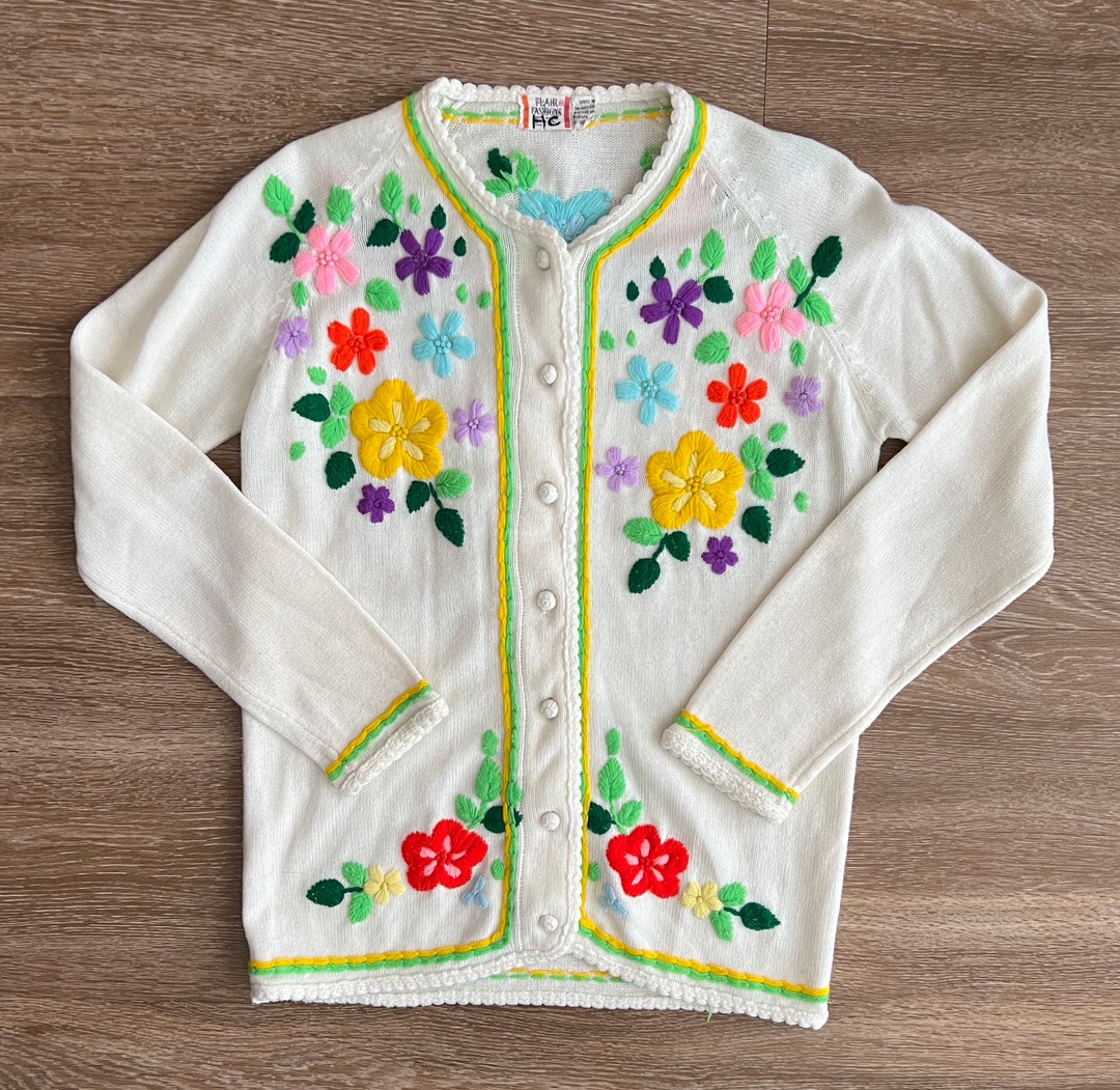 60s Cottagecore Flora Appliqué Cardigan Sweater Womens Medium - Etsy