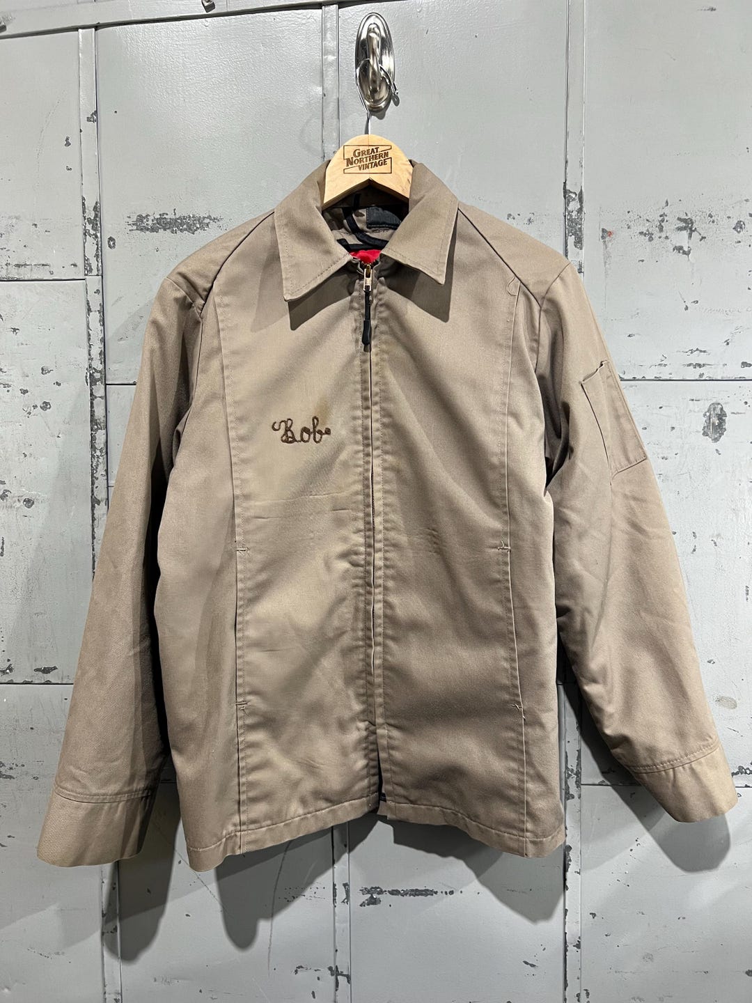 M 70s Brown Cropped Work Jacket Unisex Bob Embroidery Distressed With ...