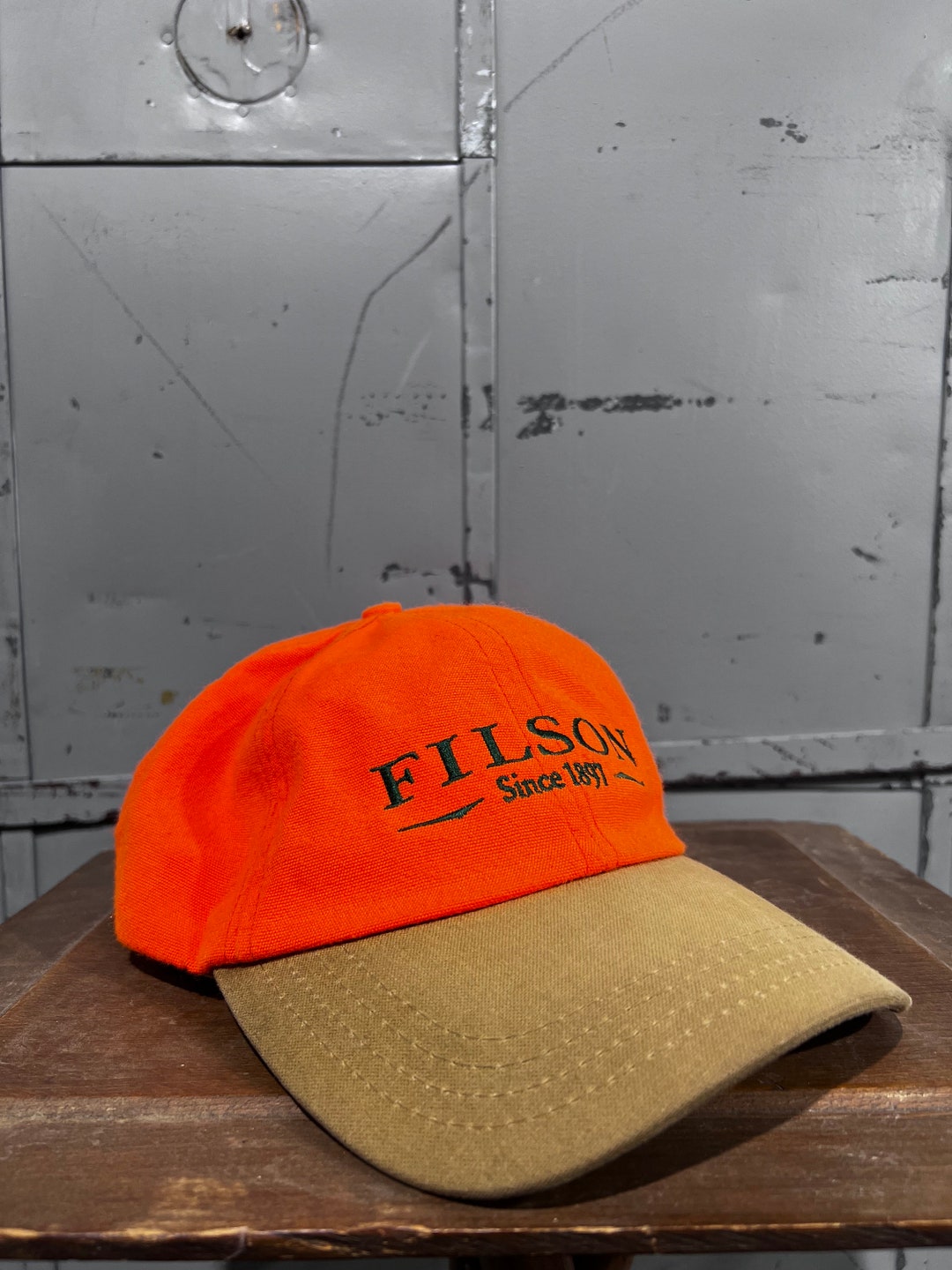 Vintage 80's Filson Blaze Orange Duck Hunting Leather Strapback Dad Hat ...