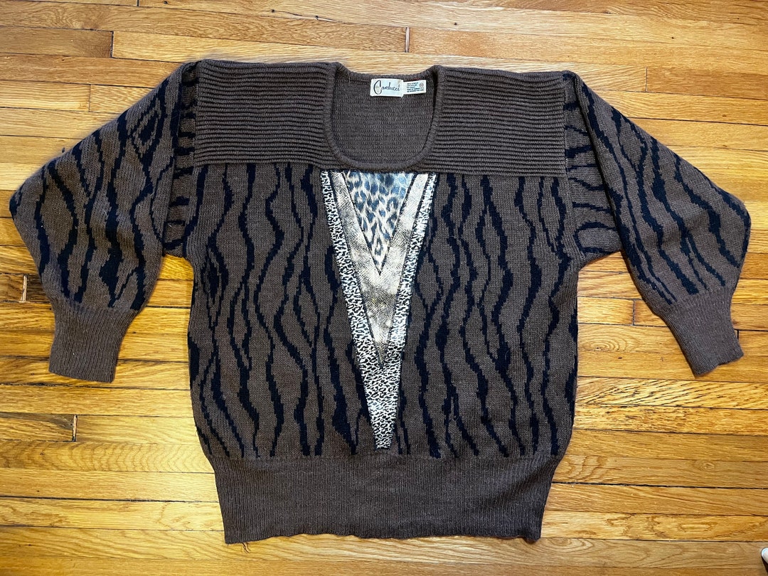 80s M Vintage Carducci Metallic Animal Print Brown Knit Sweater Safari ...