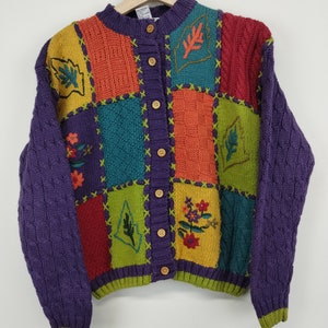 M 90s Gloria Vanderbilt Patchwork Cotton Knit Cardigan Sweater Cotton ...