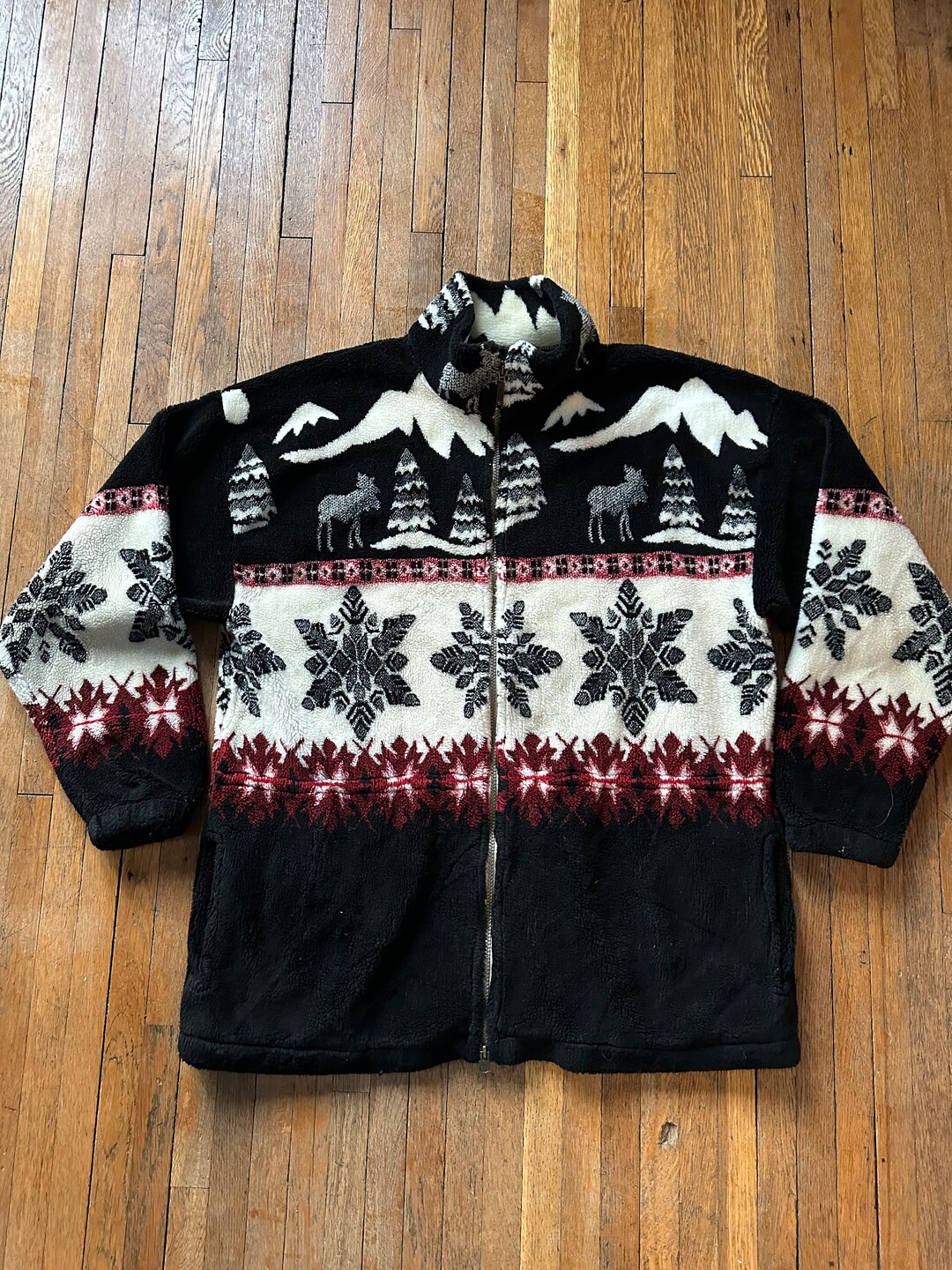 90s Printed Fleece Winter Snowflake Christmas Holiday Sweater Jacket ...