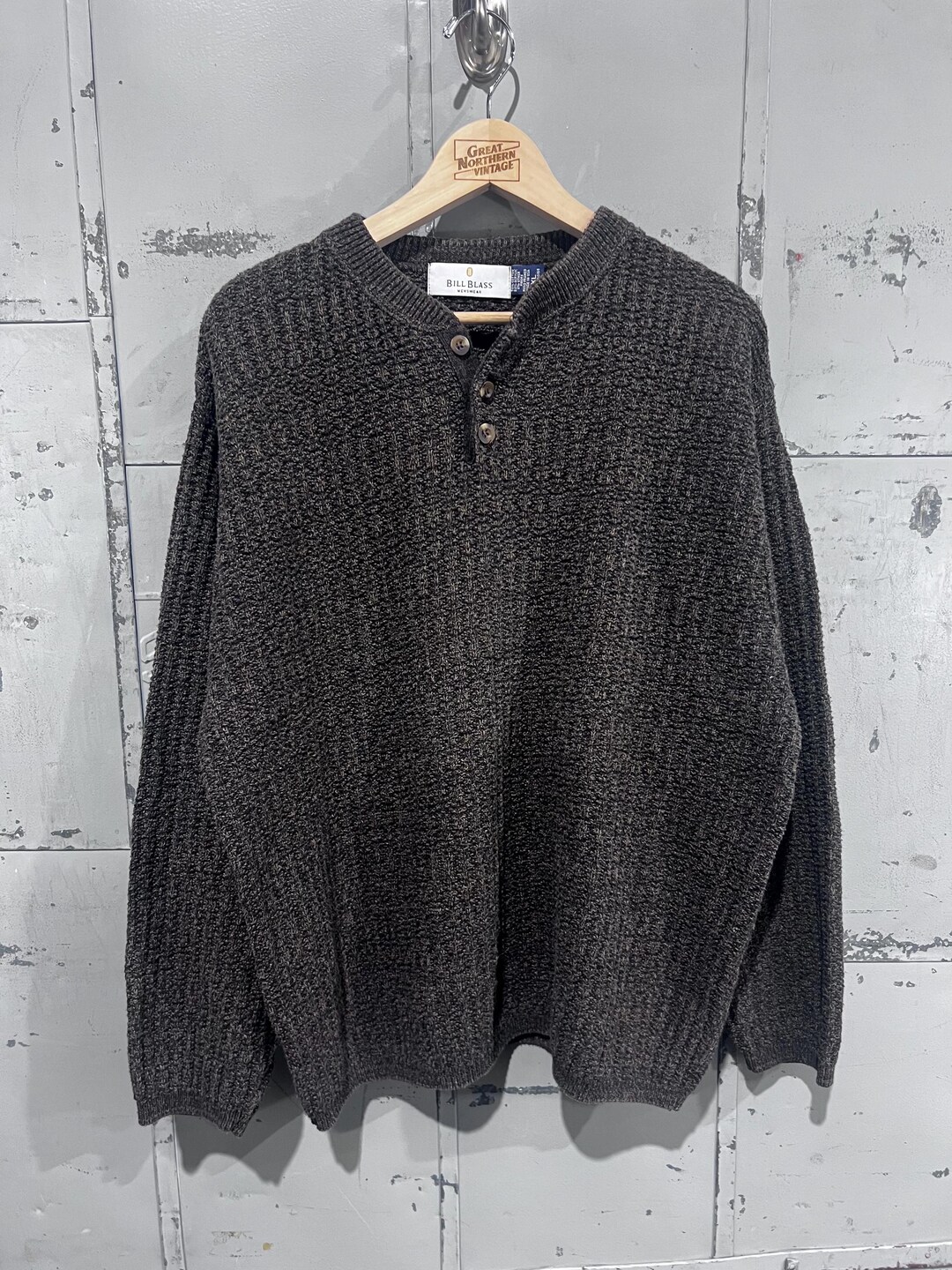 XL 90s Bill Bass Menswear Henley Fisherman Knit Sweater Cotton Heavy ...