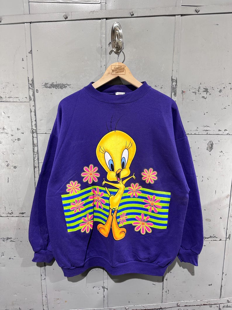 Vintage 90s Tweedy Bird Looney Tunes Cartoon Floral Purple Hippie Dazed ...