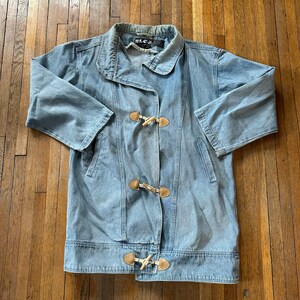 90s Denim Chore Jacket Toggle Buttons Light Wash Jean Elco by Uzzi Fireman Style Long Coat - Etsy