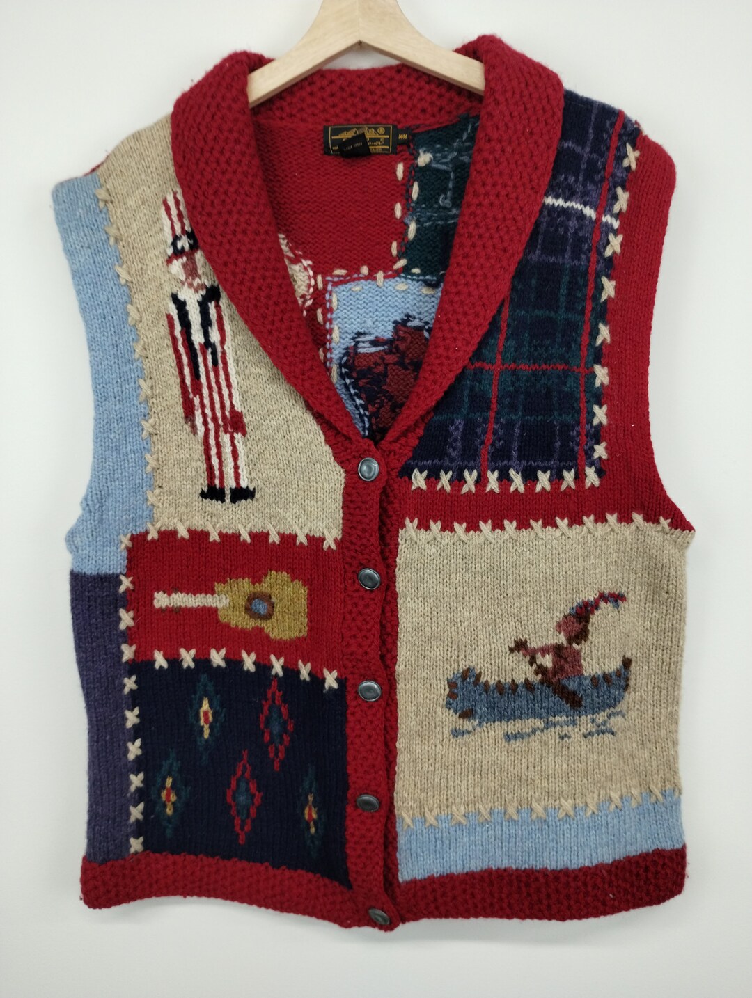 M 90s Eddie Bauer Patchwork Farm Sweater Vest Wool 1970s 1980s Medium ...