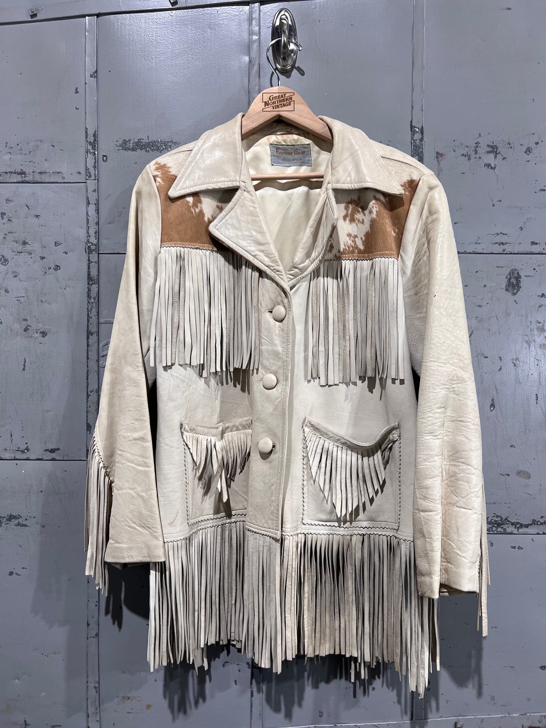 Large 70s Pioneer Wear Western Fringe Suede Leather Western Cowhair ...