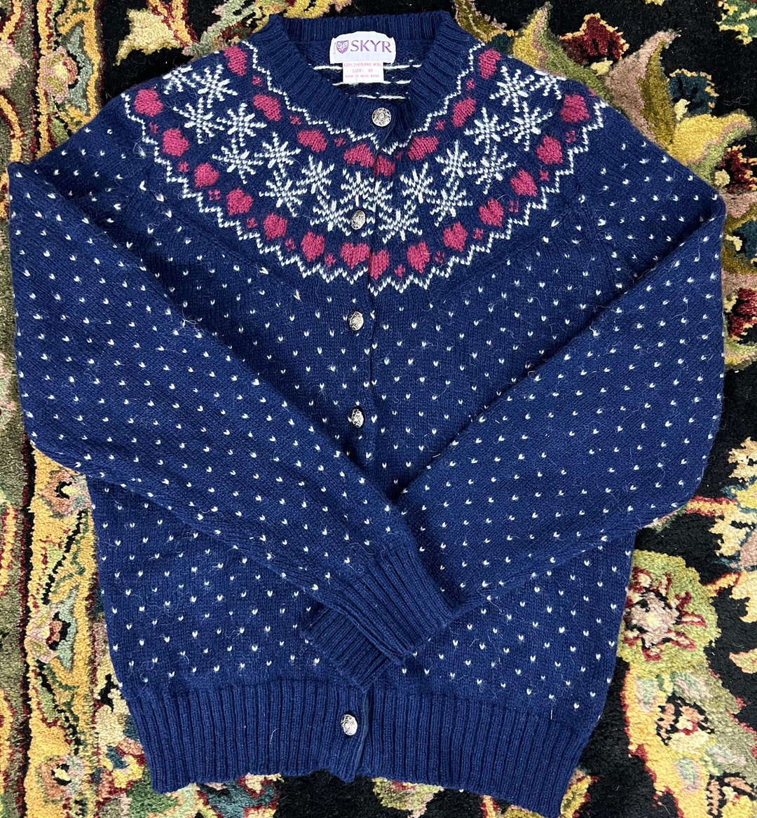 90’s Skyr Scandinavia-style Winter Snowflake and Hearts Wool Cardigan ...