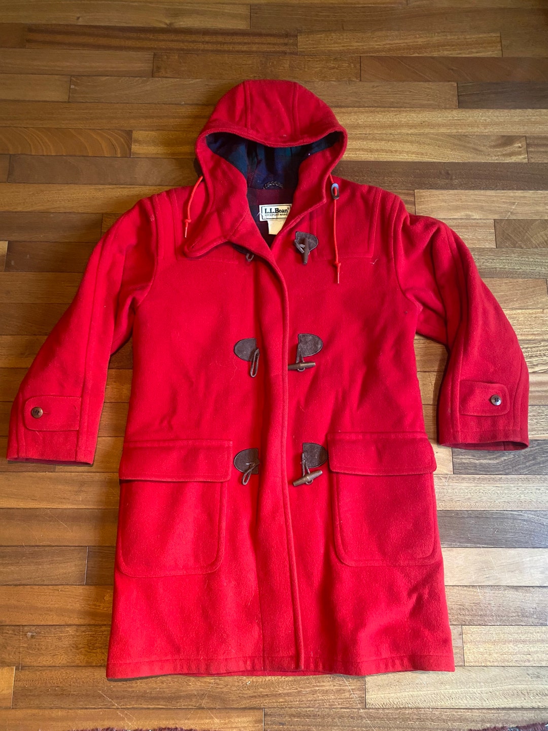 90s LL Bean Red Wool Toggle Jacket Hooded - Etsy