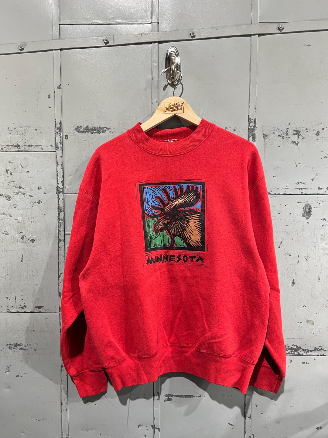 L 90s Red Minnesota Moose Graphic Crewneck Sweatshirt Locale Tourism ...