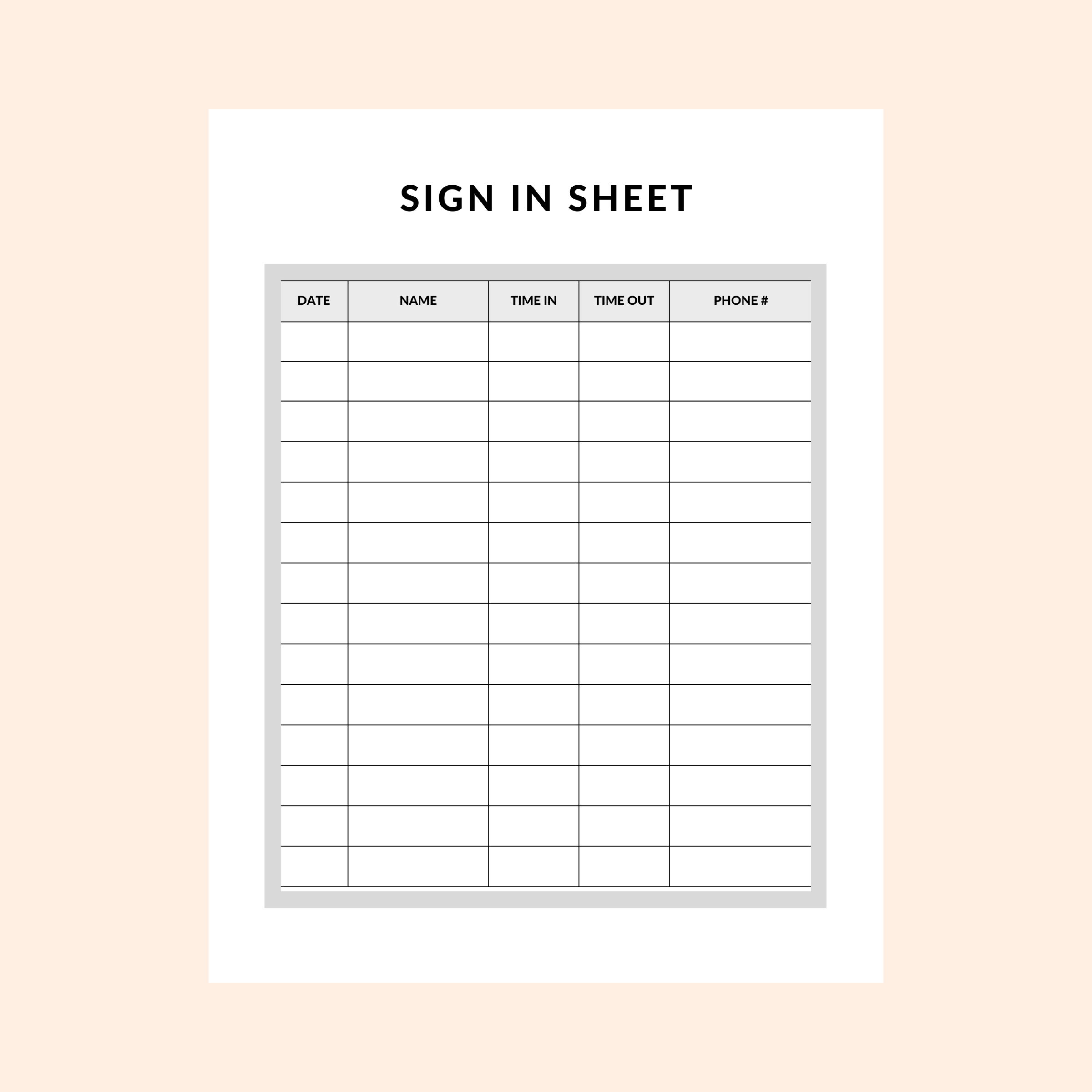 Printable Basic Sign in Sheet, Sign in and Sign Out Sheet, Digital ...