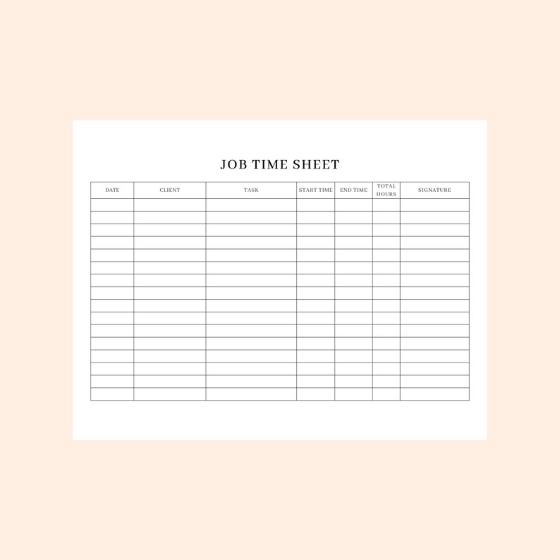 Printable Job Time Sheet, Task Sheet, Client Job Sheet, Work Time ...