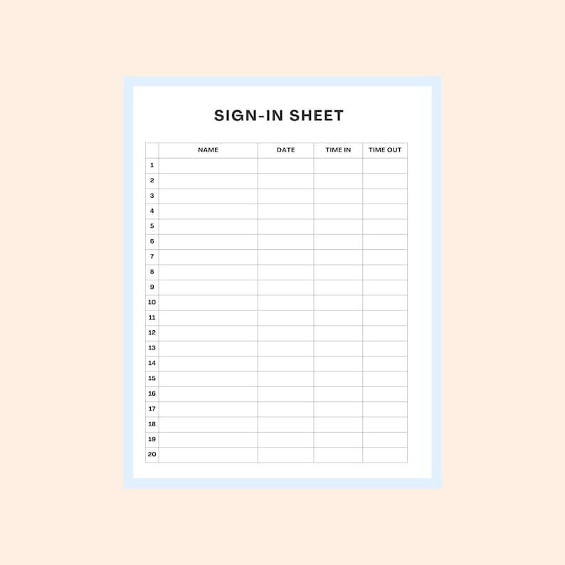 Printable Sign in Sheet, Sign in Sheet, Sign in and Sign Out Sheet - Etsy