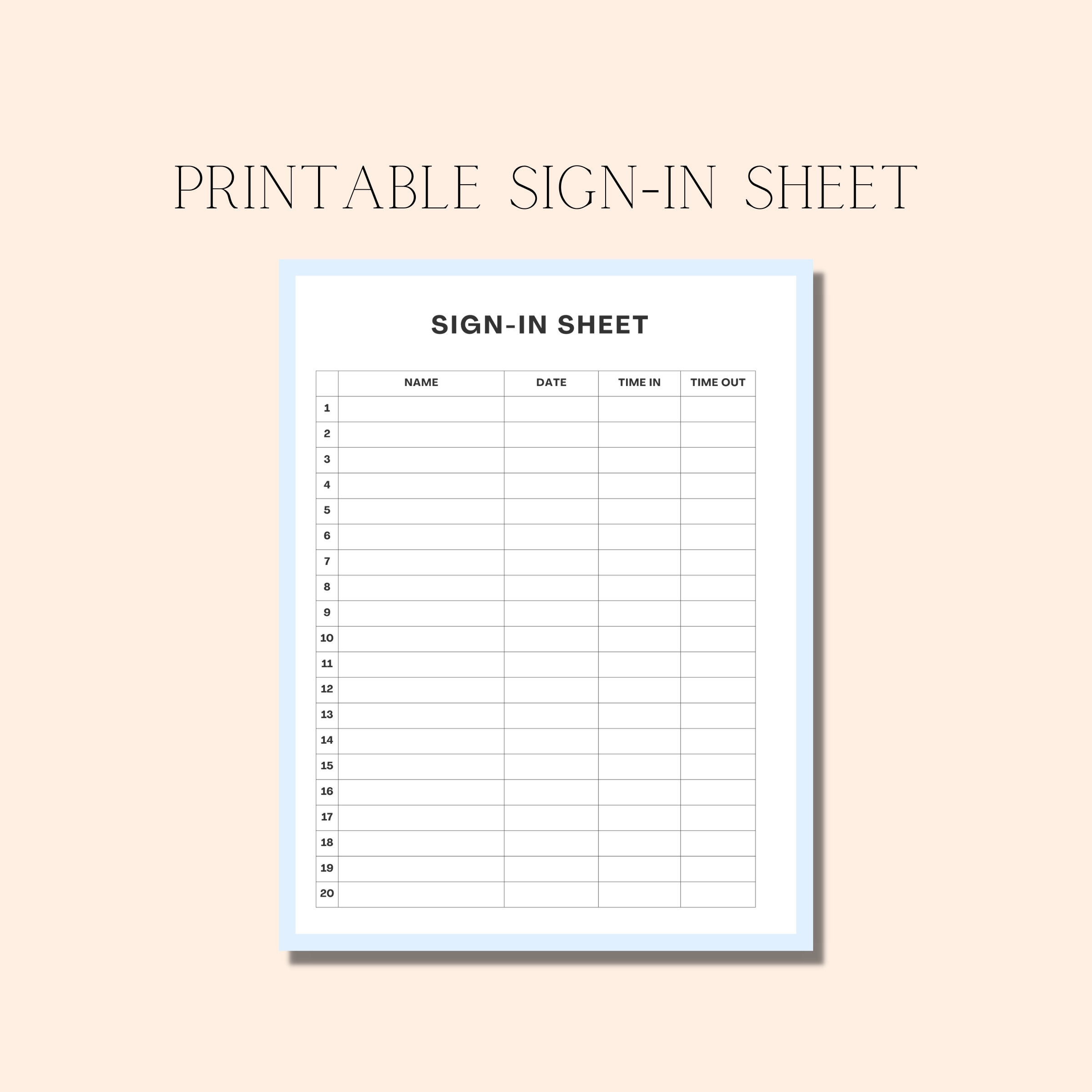 Printable Sign in Sheet, Sign in Sheet, Sign in and Sign Out Sheet - Etsy