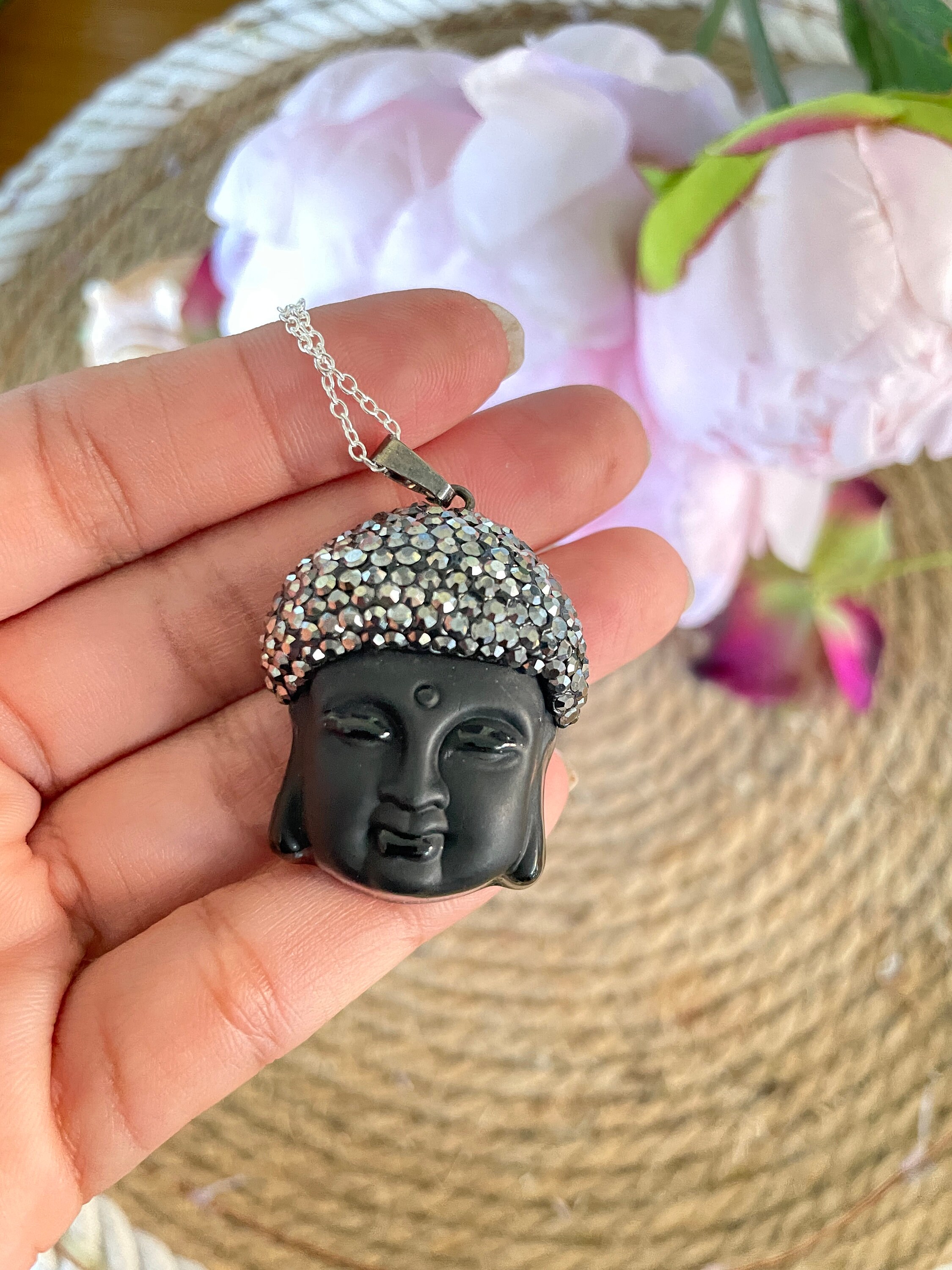 Frosted Glass Zen Buddha Pendant Black Crystal With 18 Necklace Pave ...