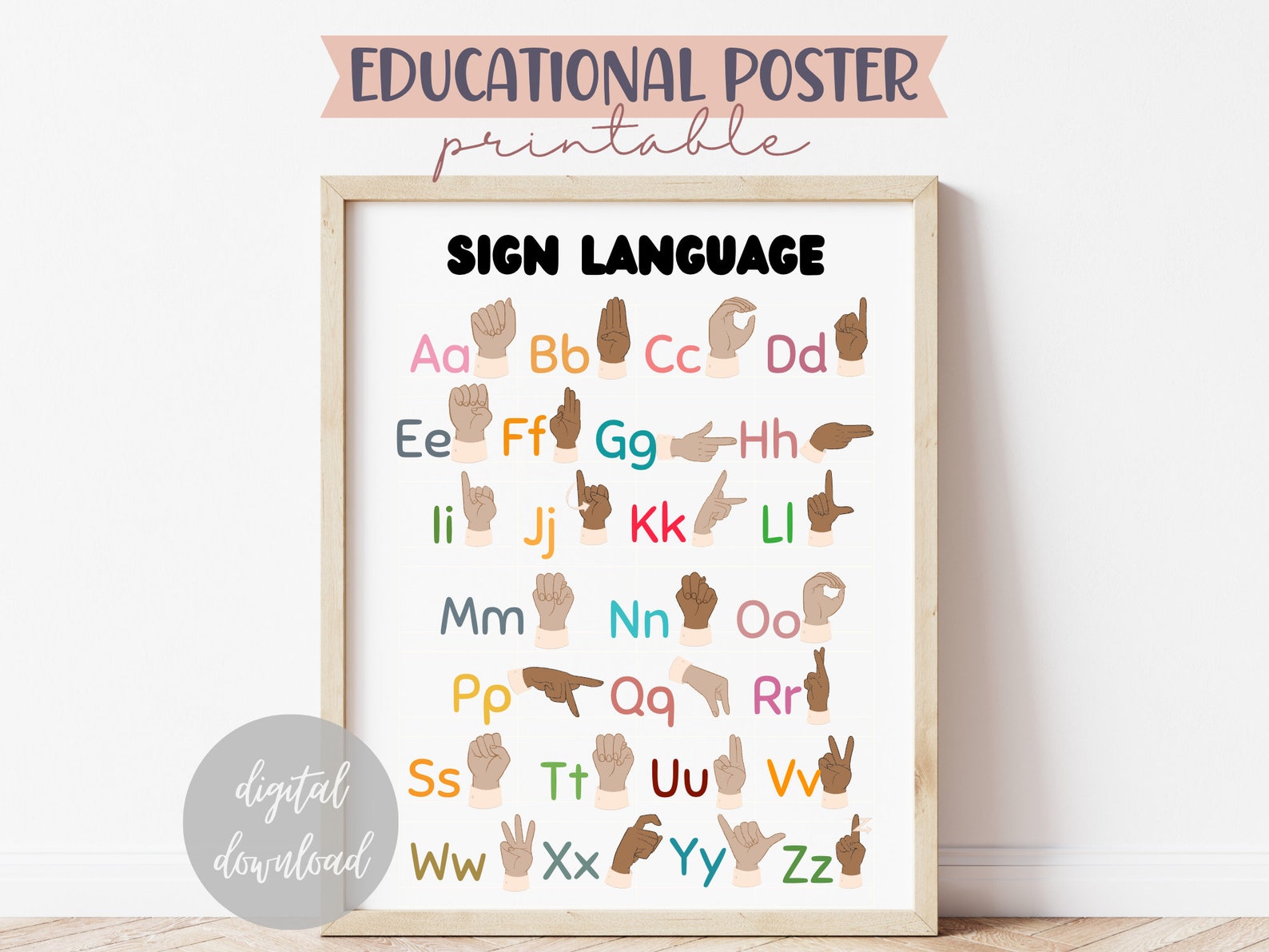 ASL American Sign Language Alphabet Educational Poster Printable ...